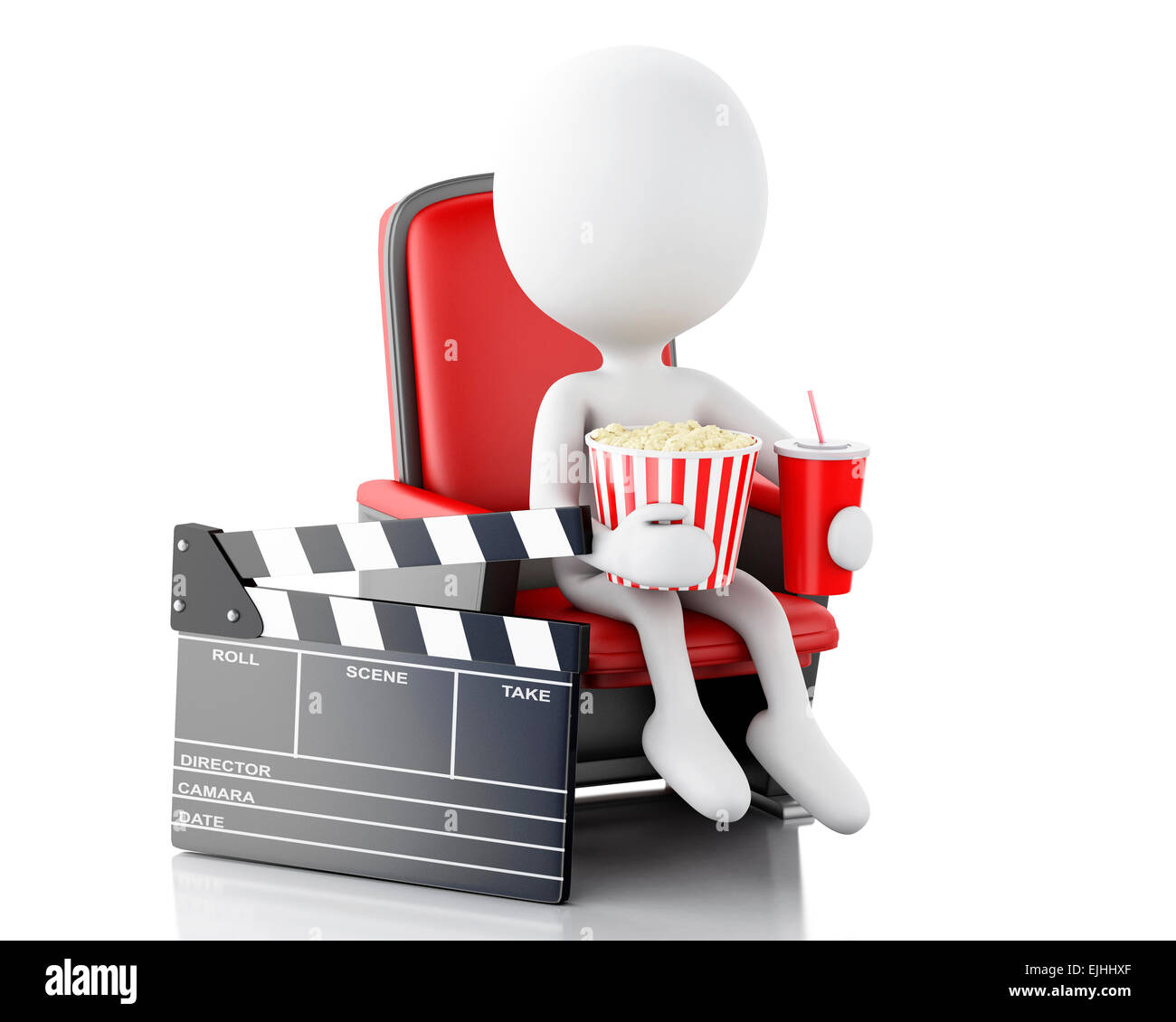 3d illustration. White people with clapper board, popcorn and drink ...