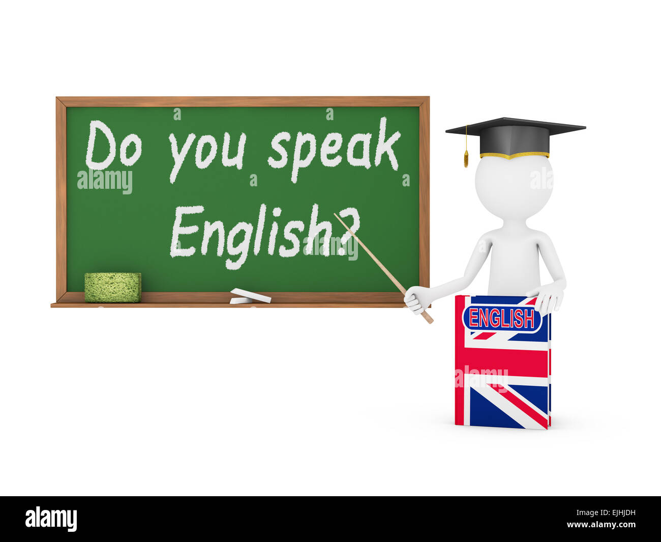 Man, English book with a flag and a chalk board on which is written ...