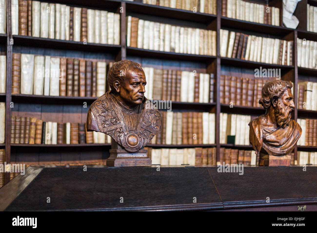 Library, carved busts, and ancient books, Plantin-Moretus Museum ...