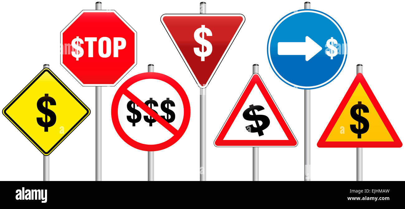 Seven road signs with dollar symbols, concerning money and business ...