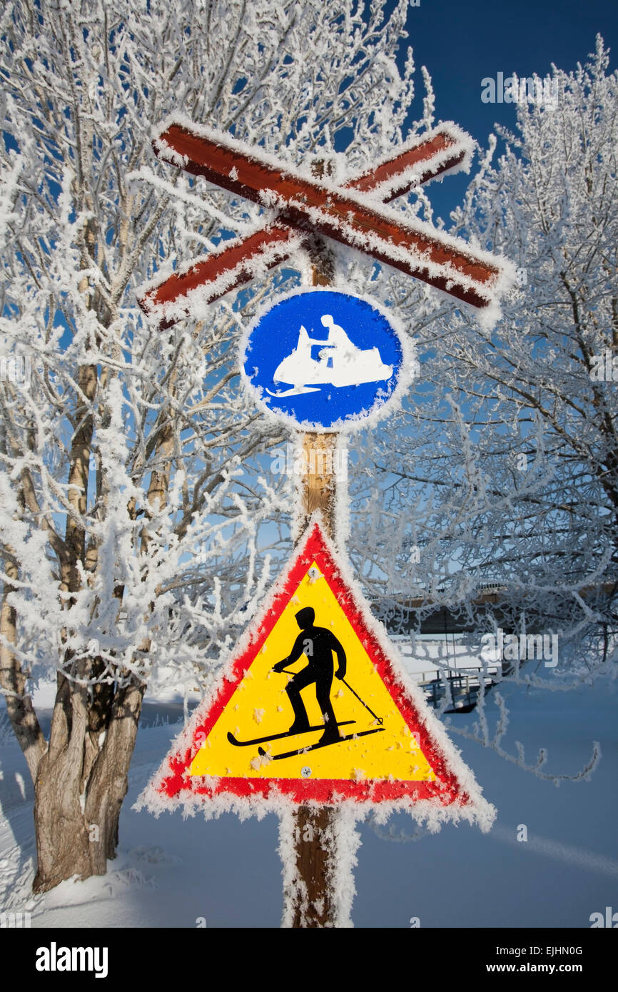 Frosty traffic signs on snowmobile tracks hi-res stock photography and ...