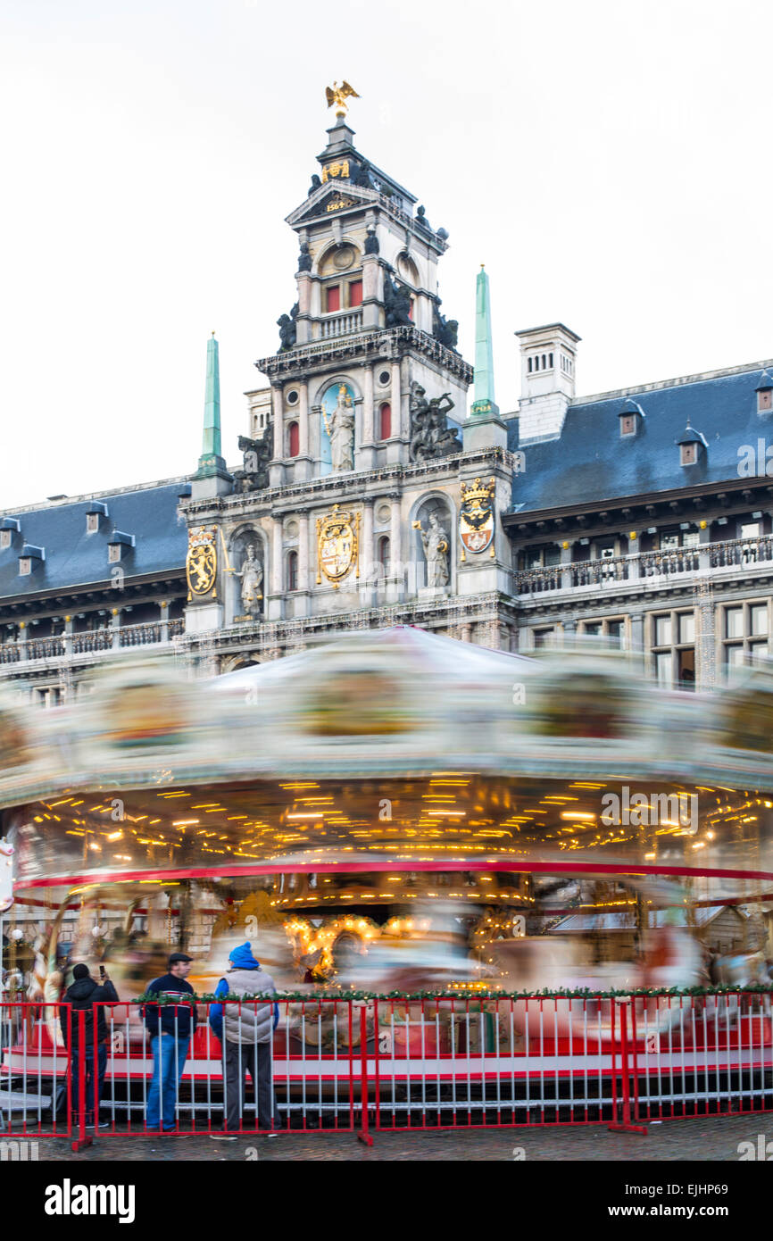 Carousel in Antwerp, Belgium, main square at Christmas Stock Photo - Alamy