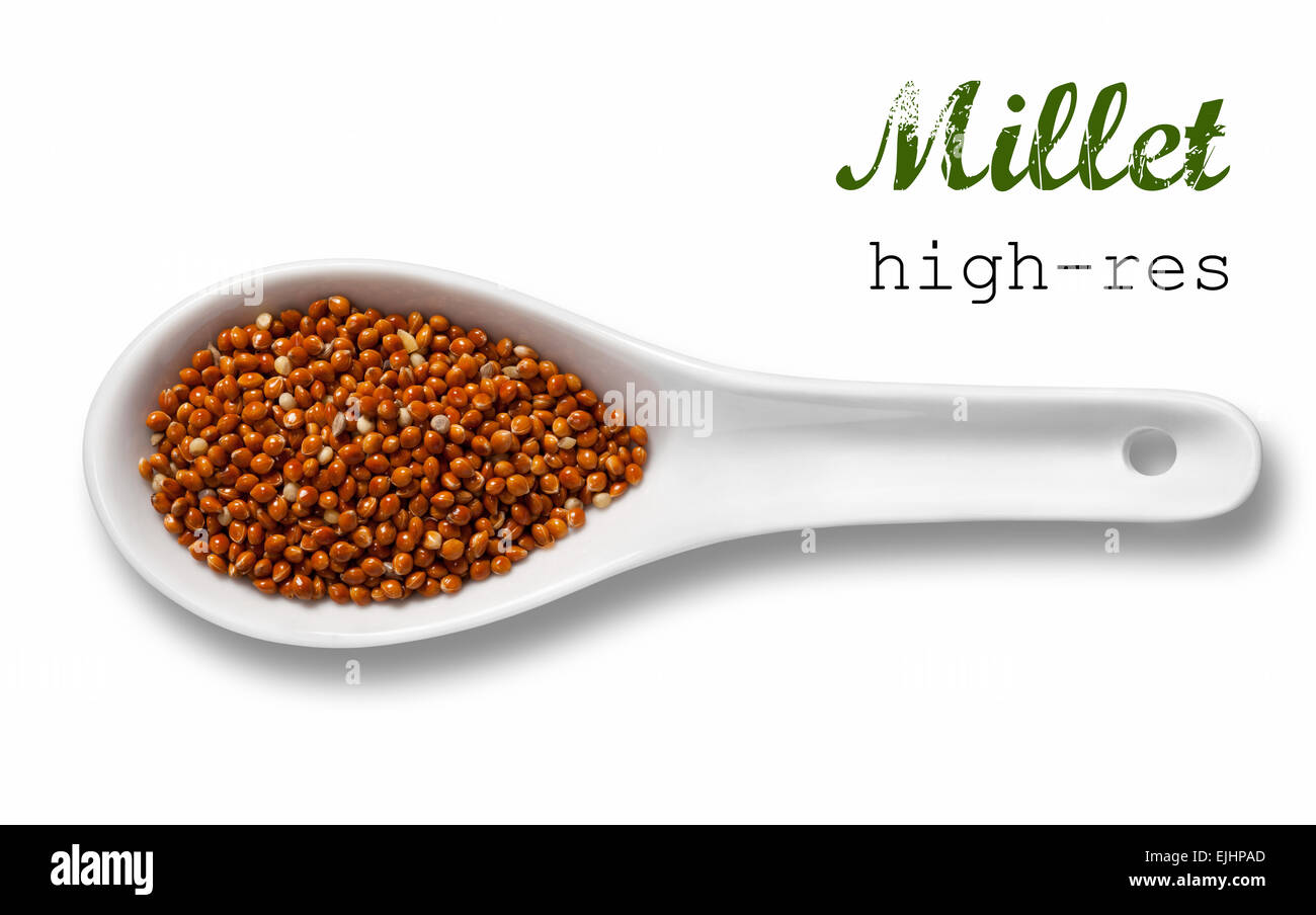 Millet seeds in a wooden spoon / high resolution product photography of ...