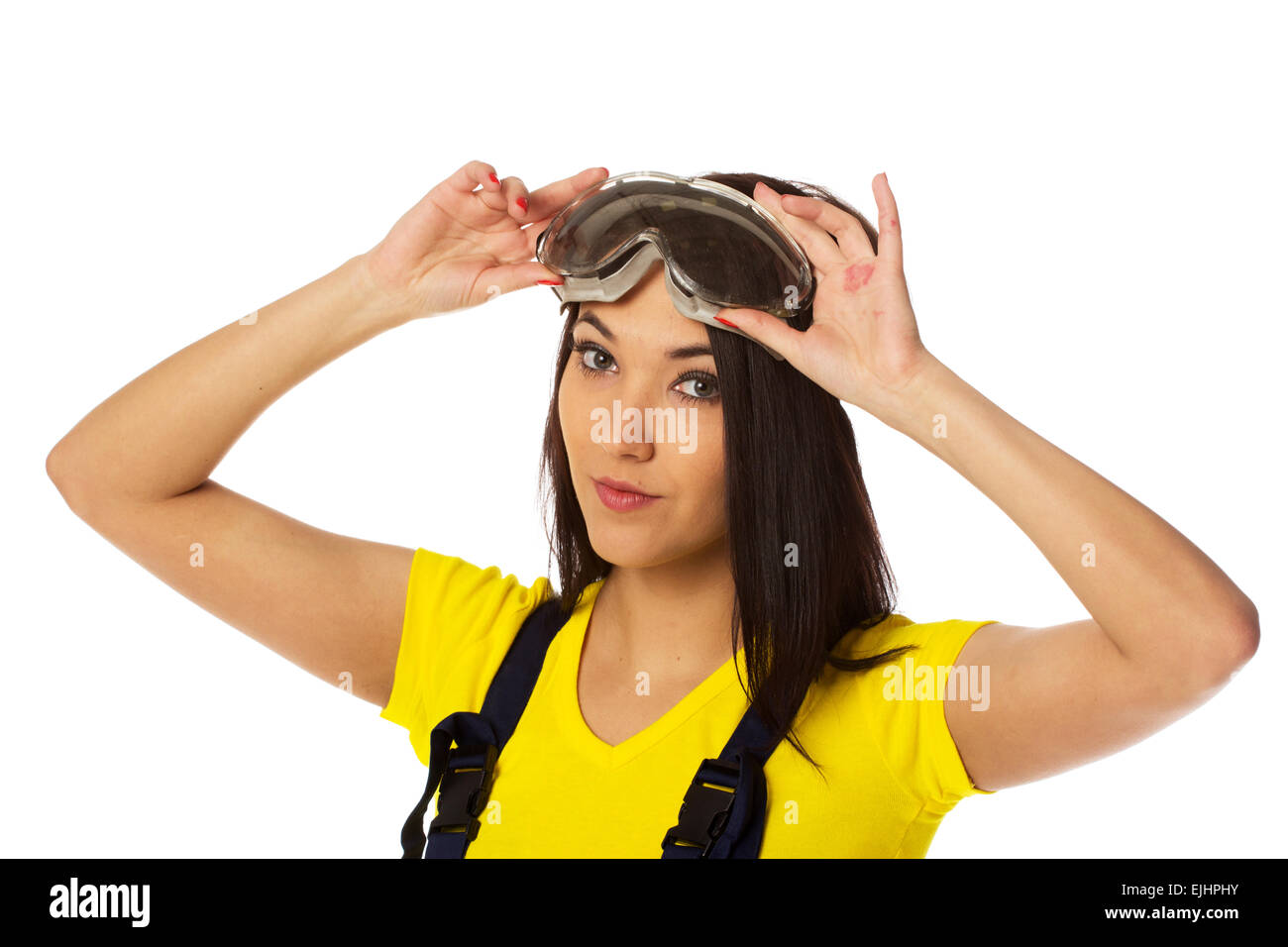 Woman put on safety goggles. Isolated on white Stock Photo - Alamy