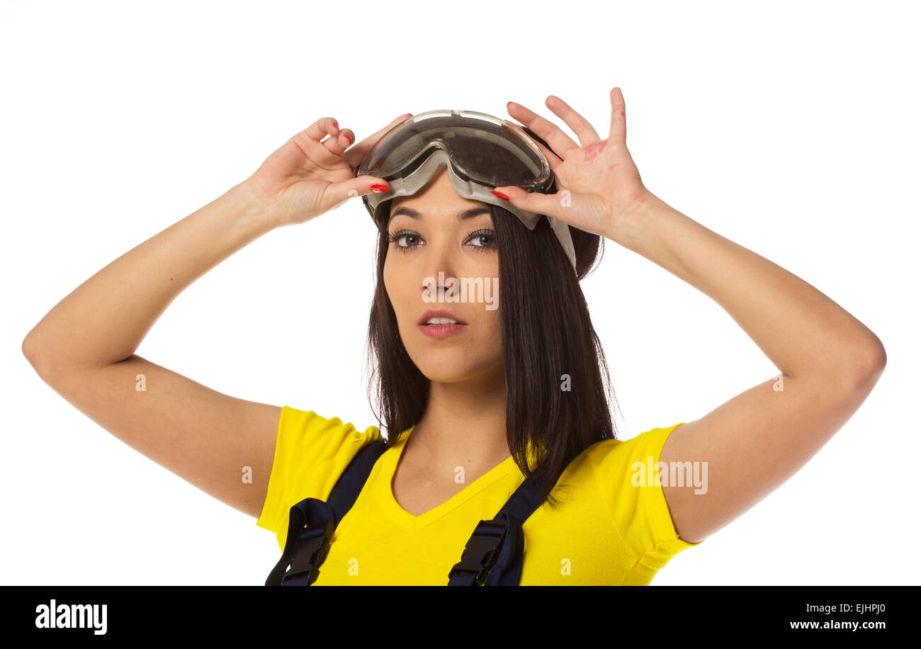 Woman put on safety goggles. Isolated on white Stock Photo - Alamy