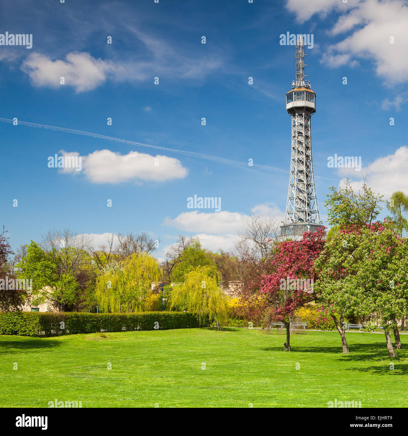 Lookout tower on the Petrin Hill in flowering spring park Stock Photo ...