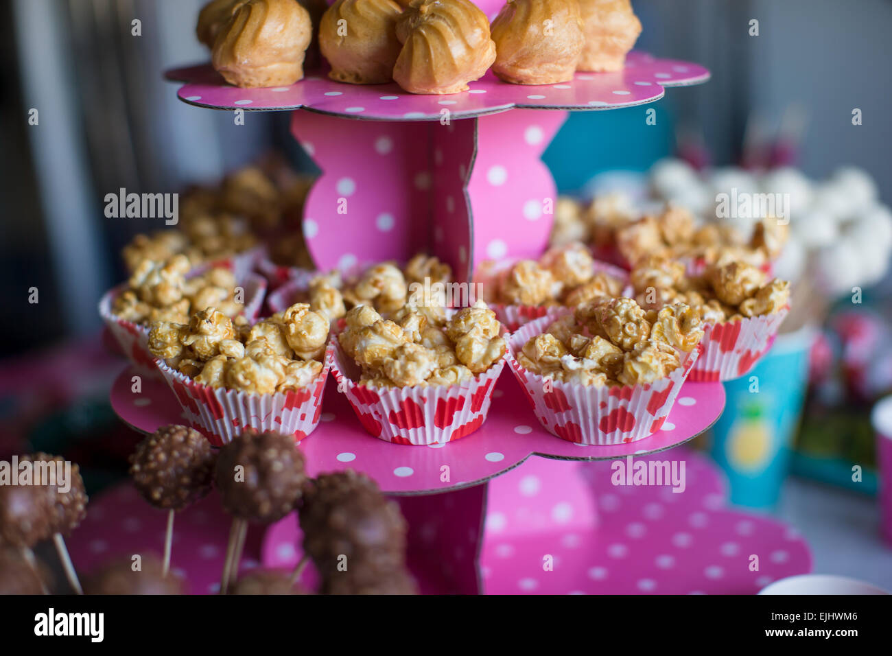 Portion popcorn on kid's party on sweet dessert table Stock Photo - Alamy