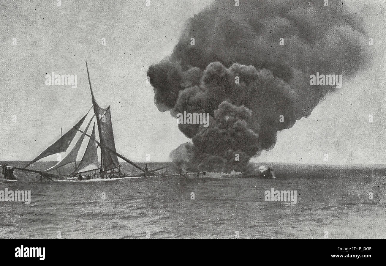 A neutral ship in flames in mid ocean, set afire by a German submarine ...