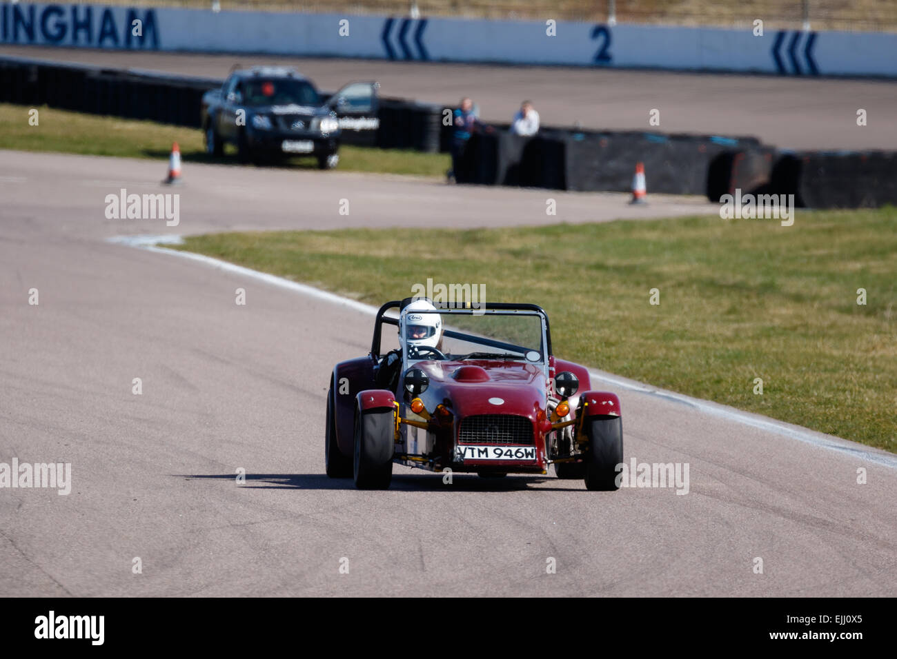 A car taking part in the BARC sprint at Rockingham Motor Speedway Stock ...