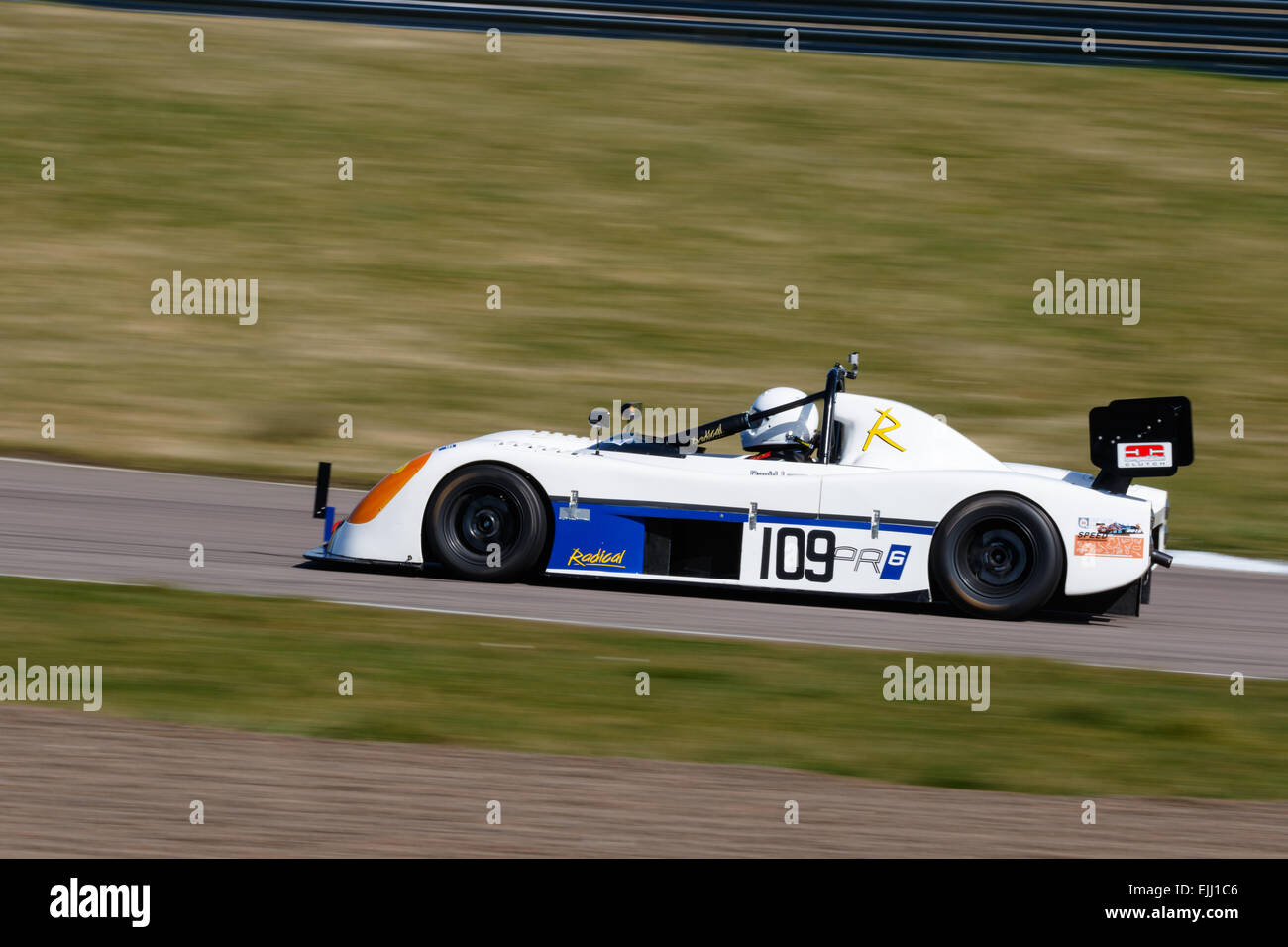A car taking part in the BARC sprint at Rockingham Motor Speedway Stock ...