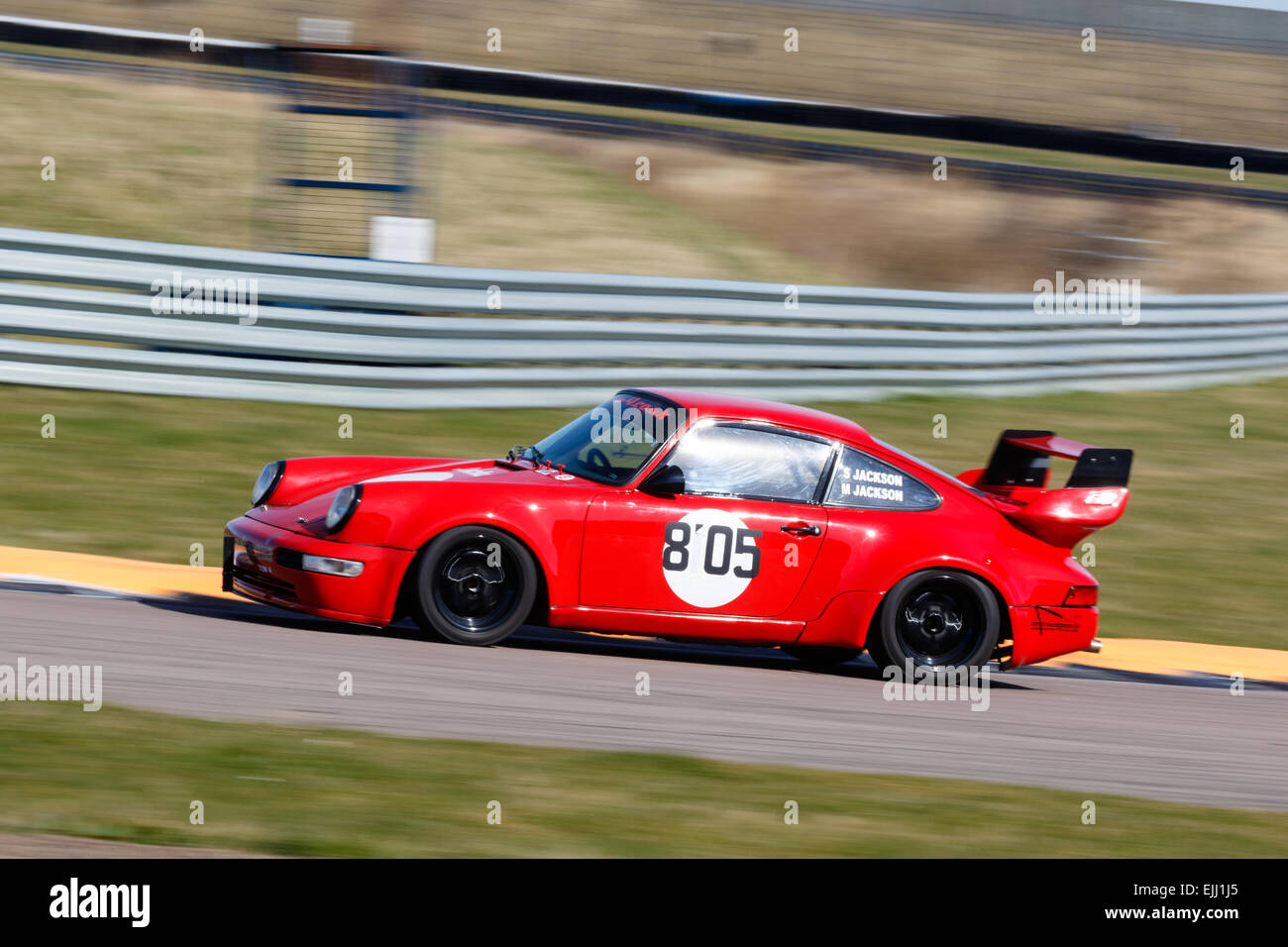A car taking part in the BARC sprint at Rockingham Motor Speedway Stock ...