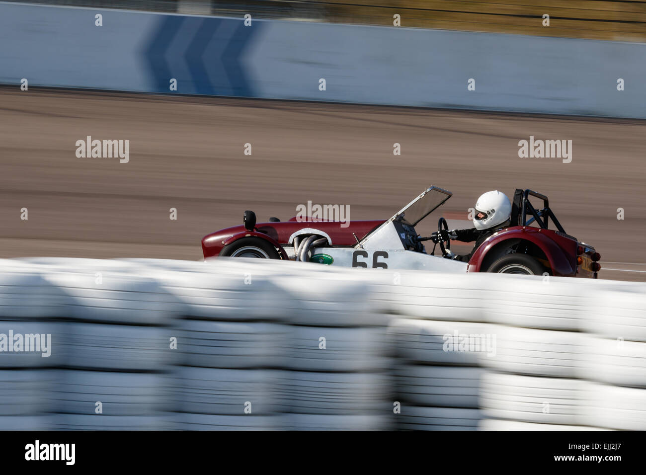 A car taking part in the BARC sprint at Rockingham Motor Speedway Stock ...