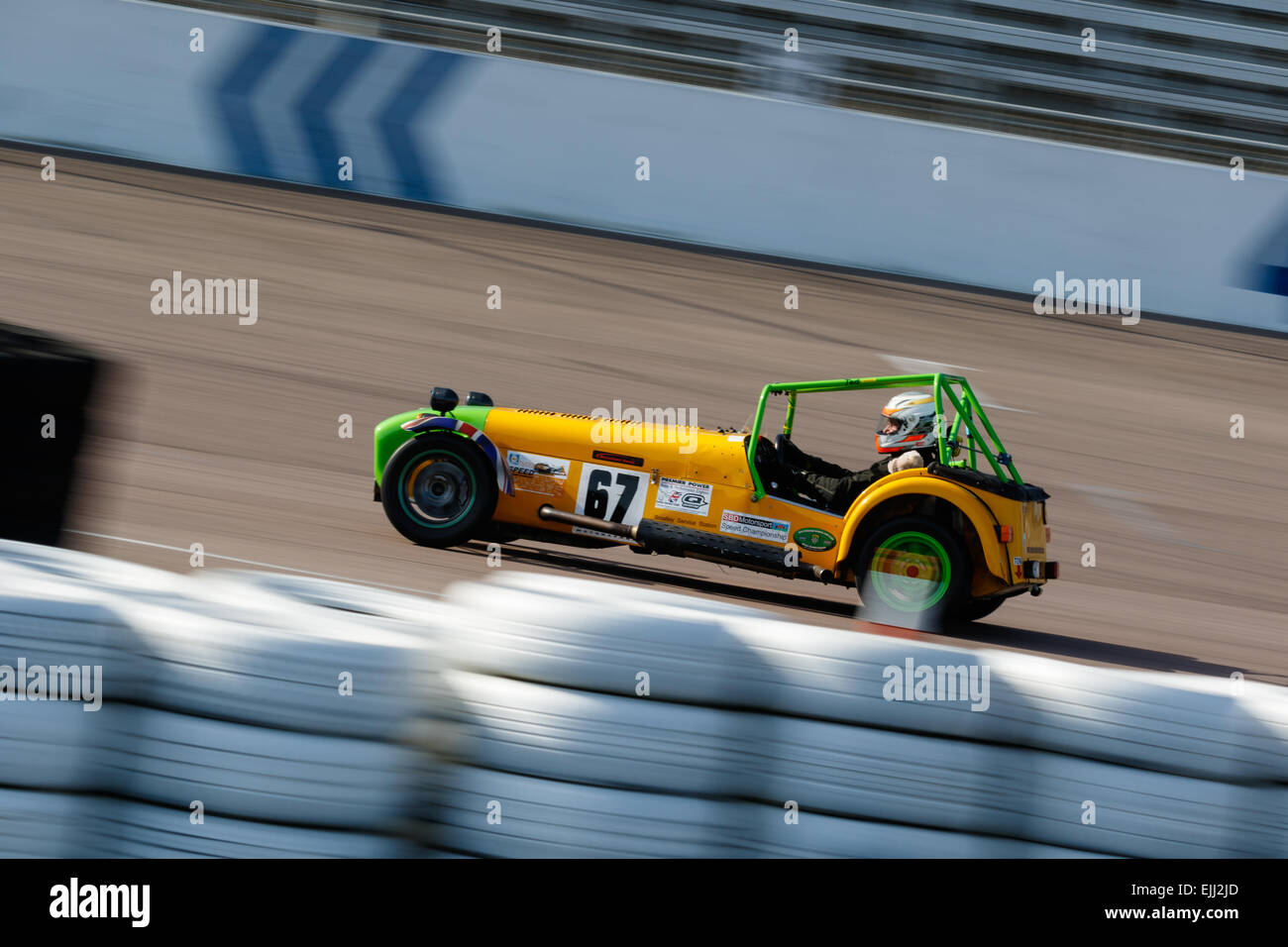 A car taking part in the BARC sprint at Rockingham Motor Speedway Stock ...