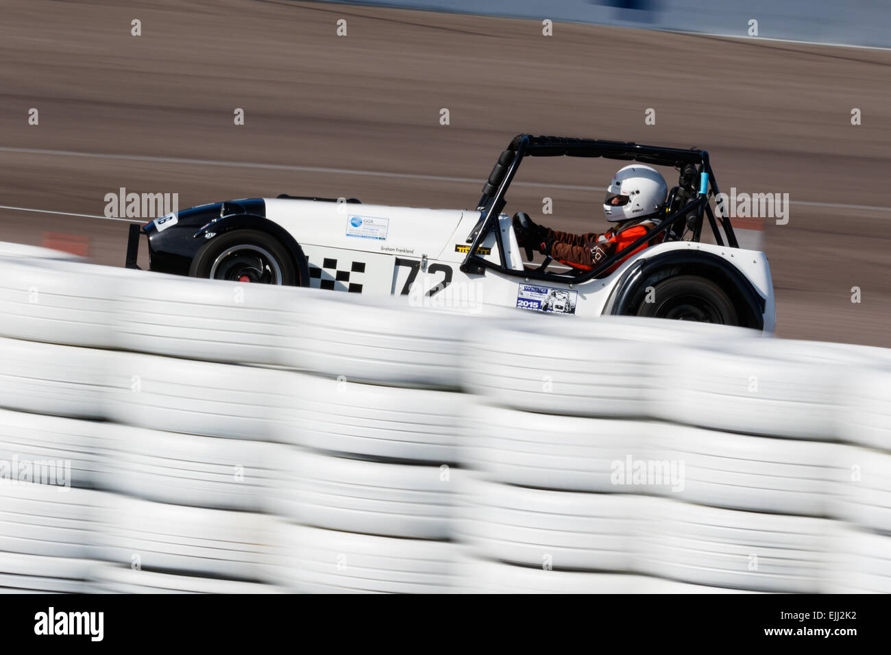 A car taking part in the BARC sprint at Rockingham Motor Speedway Stock ...