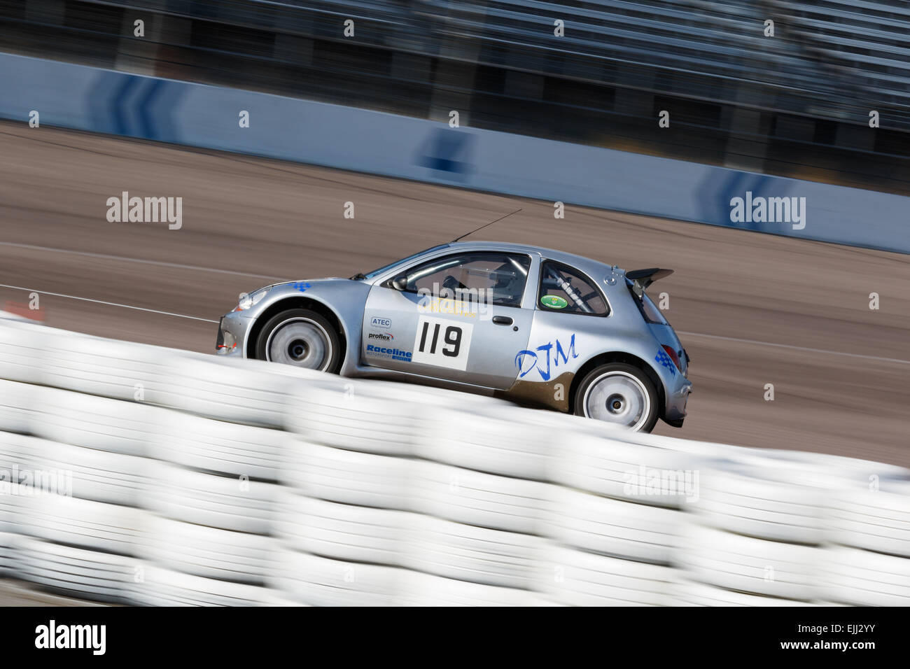 A car taking part in the BARC sprint at Rockingham Motor Speedway Stock ...