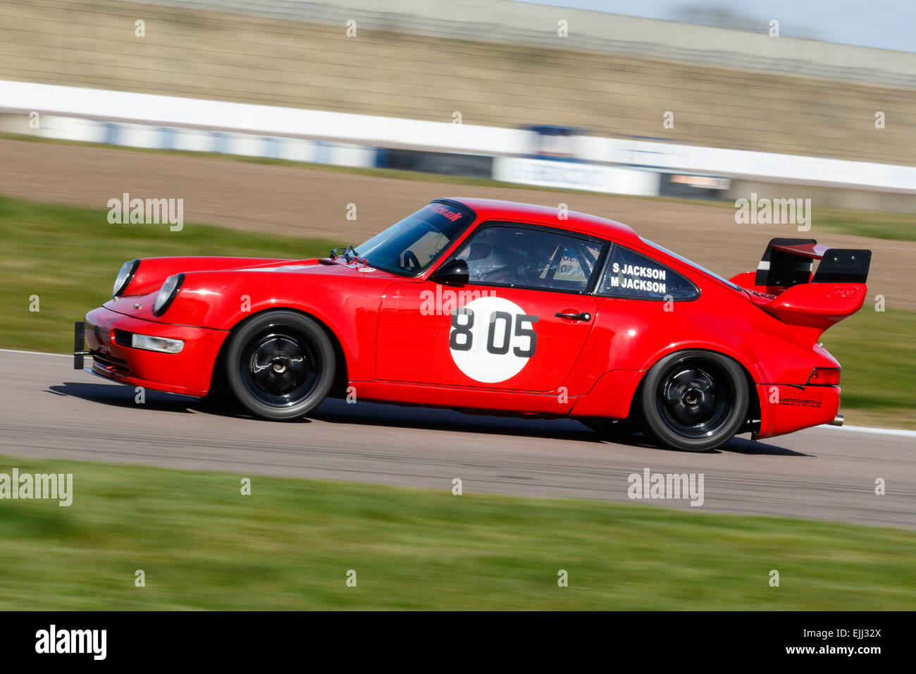 A car taking part in the BARC sprint at Rockingham Motor Speedway Stock ...