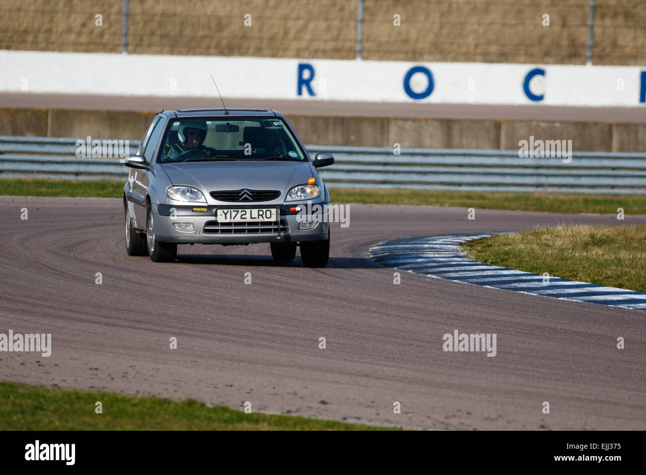 A car taking part in the BARC sprint at Rockingham Motor Speedway Stock ...