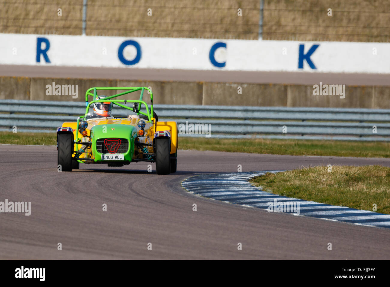 A car taking part in the BARC sprint at Rockingham Motor Speedway Stock ...