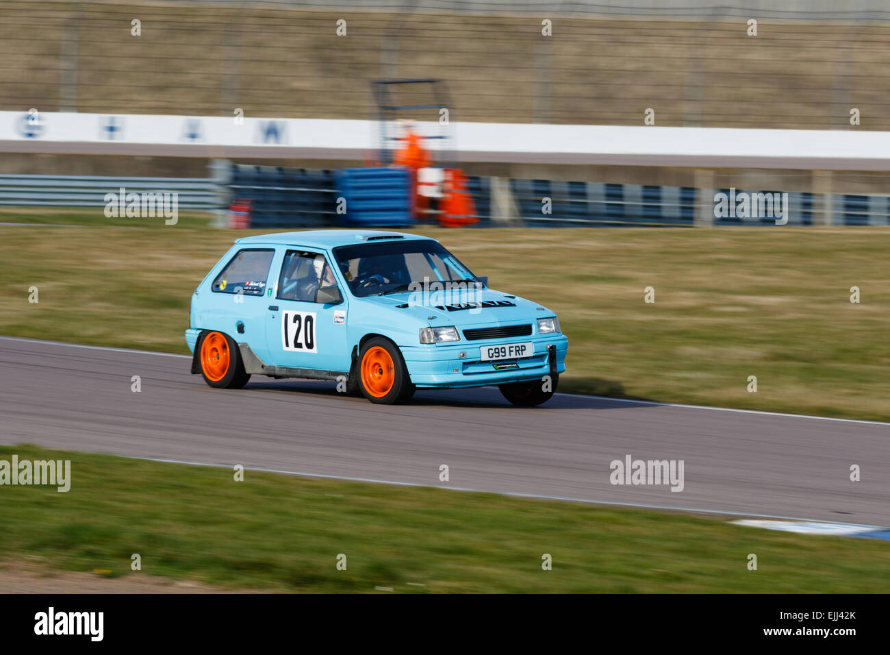 A car taking part in the BARC sprint at Rockingham Motor Speedway Stock ...