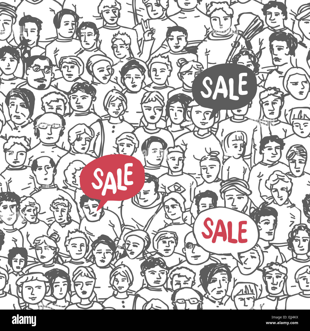 Hand Drawn People Crowd Seamless pattern with Sale Label Stock Photo ...