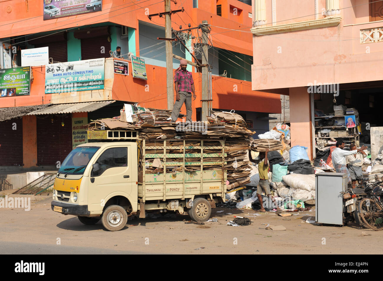 Collecting recycling materials in Pondicherry, Tamil nadu, India Stock ...