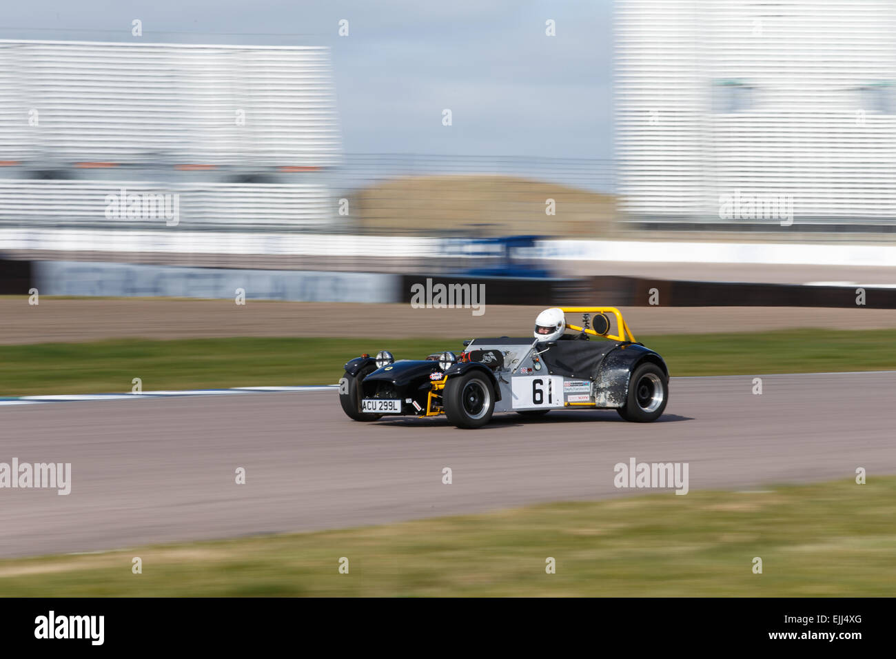 A car taking part in the BARC sprint at Rockingham Motor Speedway Stock ...