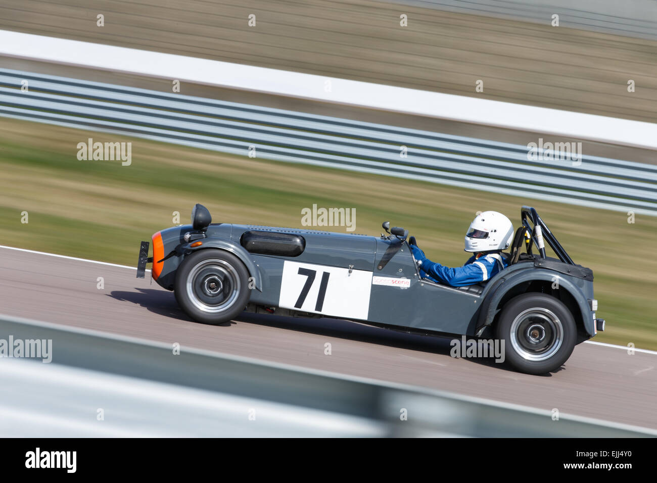 A car taking part in the BARC sprint at Rockingham Motor Speedway Stock ...