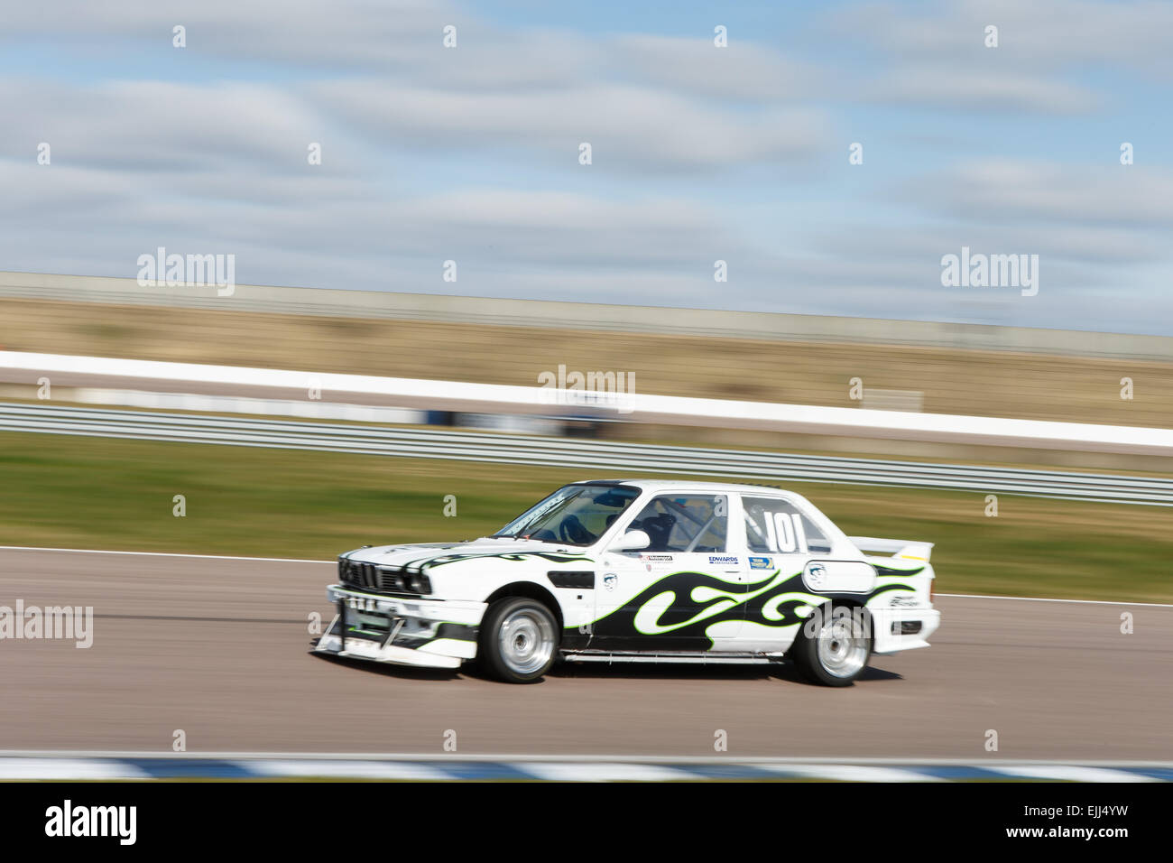 A car taking part in the BARC sprint at Rockingham Motor Speedway Stock ...
