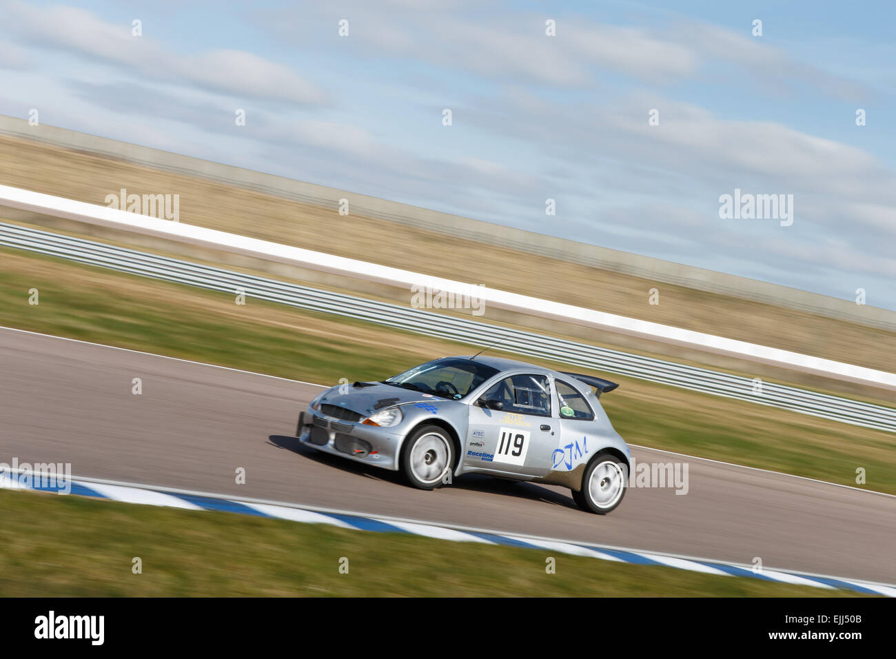 A car taking part in the BARC sprint at Rockingham Motor Speedway Stock ...