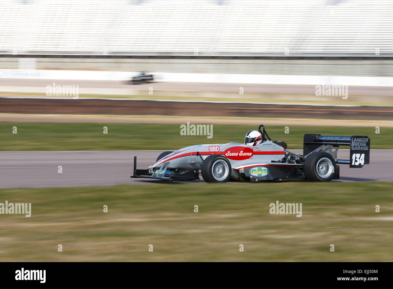 A car taking part in the BARC sprint at Rockingham Motor Speedway Stock ...