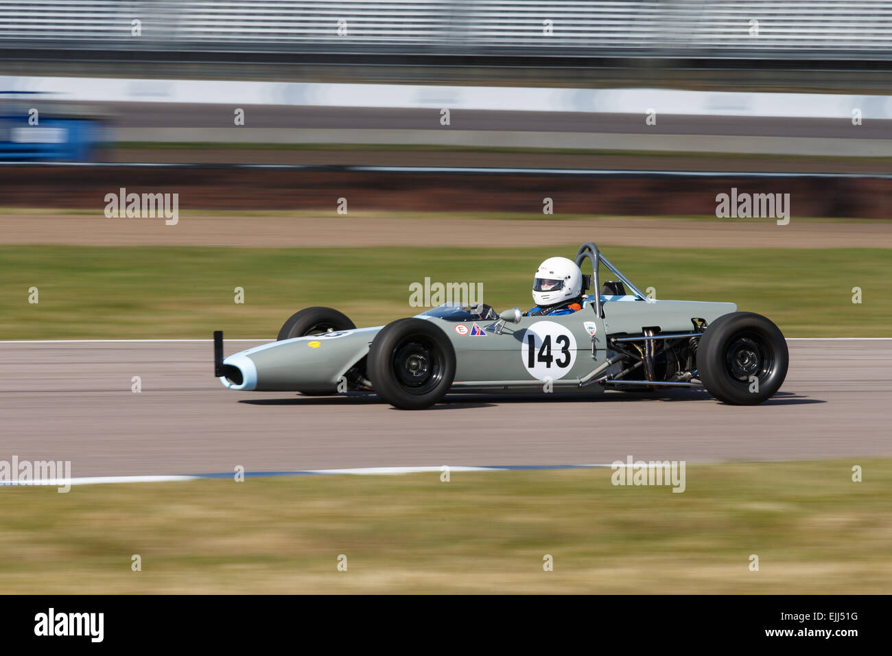 A car taking part in the BARC sprint at Rockingham Motor Speedway Stock ...