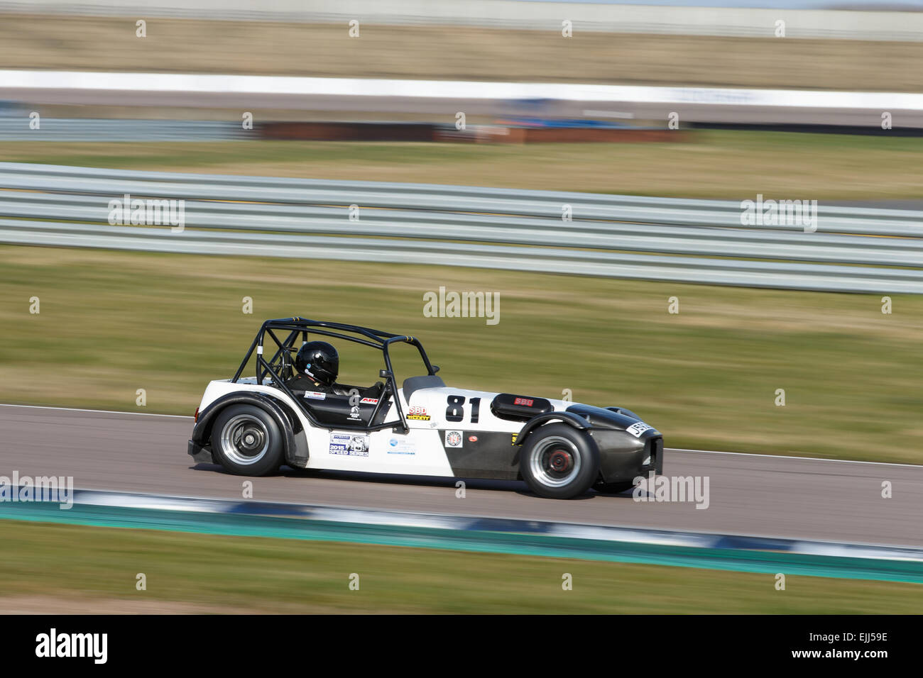 A car taking part in the BARC sprint at Rockingham Motor Speedway Stock ...