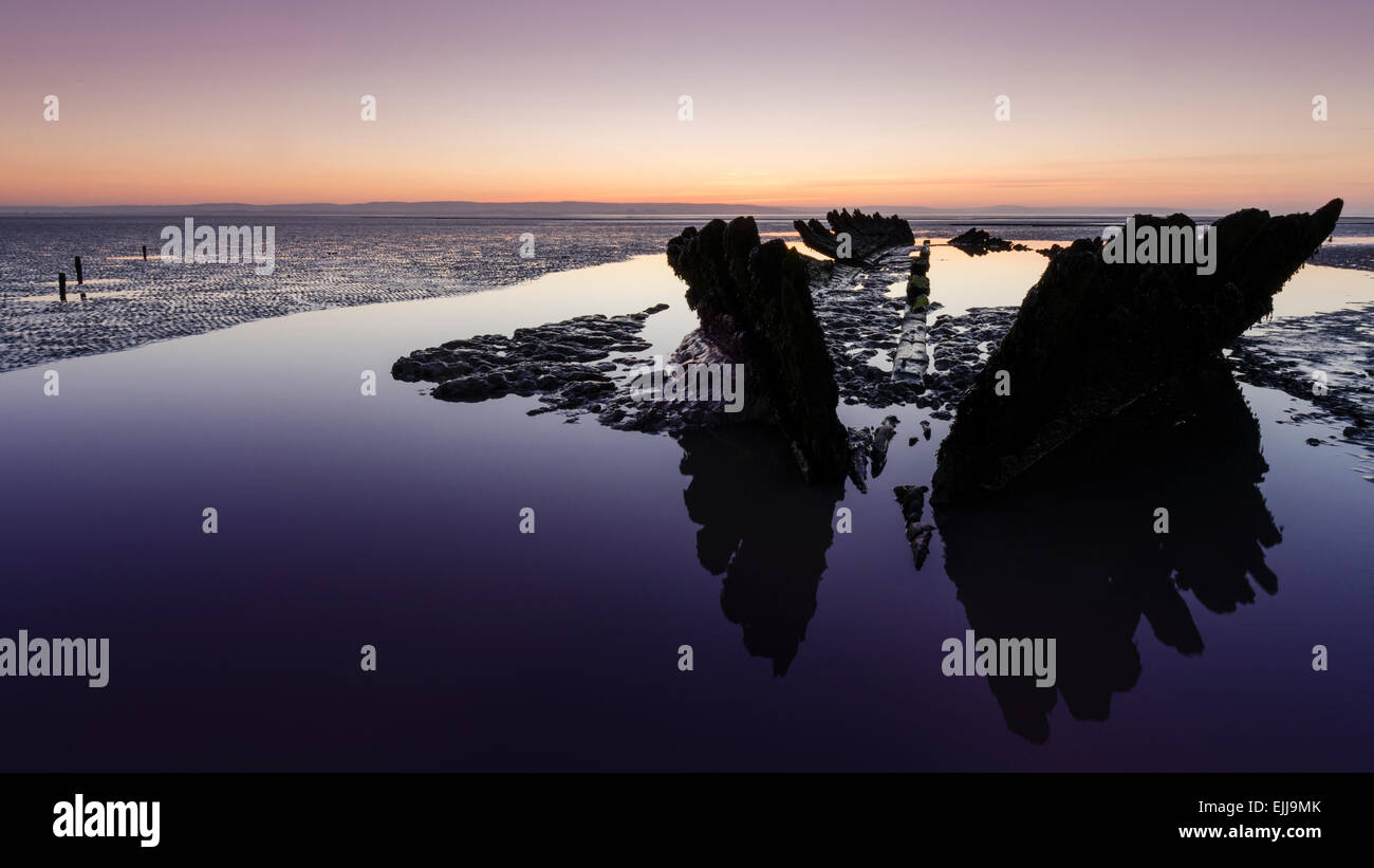 Shipwreck of The SS Nornen at sunset on Berrow Sands near Burnham on ...