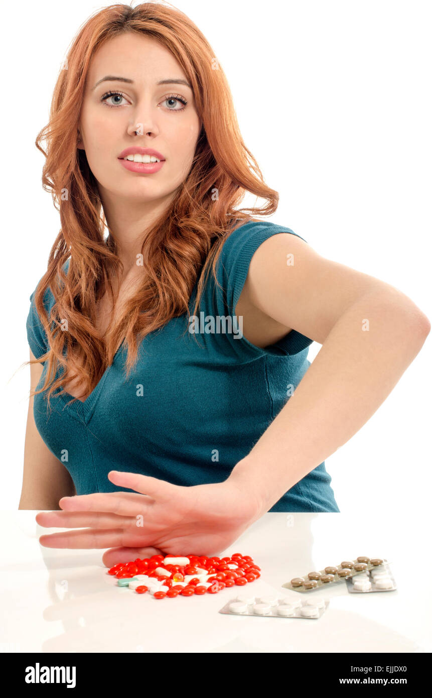 Patient saying no to medical treatment. Beautiful woman refuse to take ...