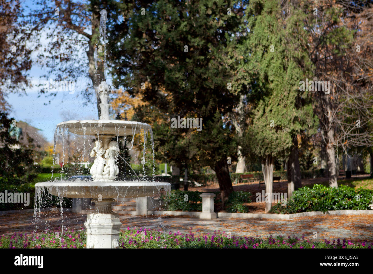 Fountain full of drops in Retiro park in Madrid, Spain. Fall season ...