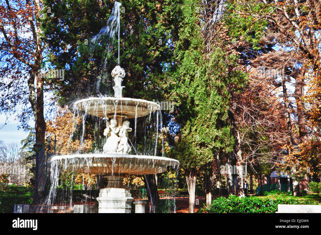 Fountain full of drops in Retiro park in Madrid, Spain. Fall season ...