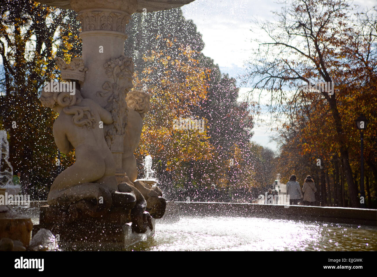 Fountain full of drops in Retiro park in Madrid, Spain. Fall season ...