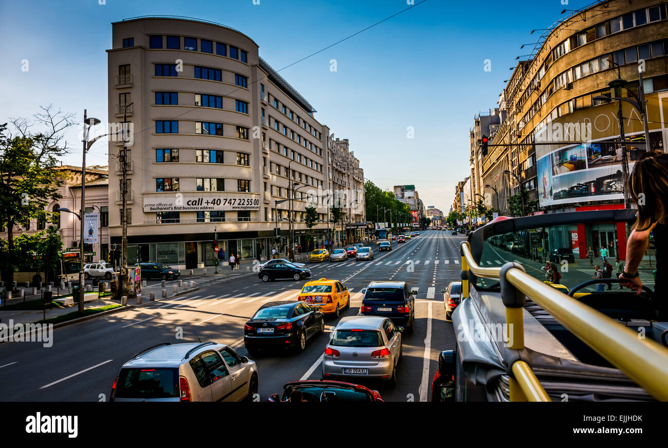 City bus touring on Magheru Boulevard, Bucharest, Romania Stock Photo ...