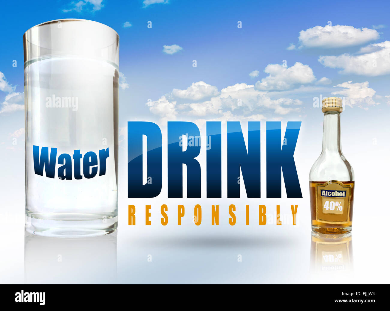 A big glass of water, a small alcohol bottle and the text drink ...