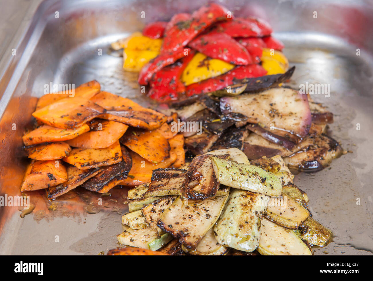 Closeup of grilled vegetables on display at a hotel restaurant buffet ...