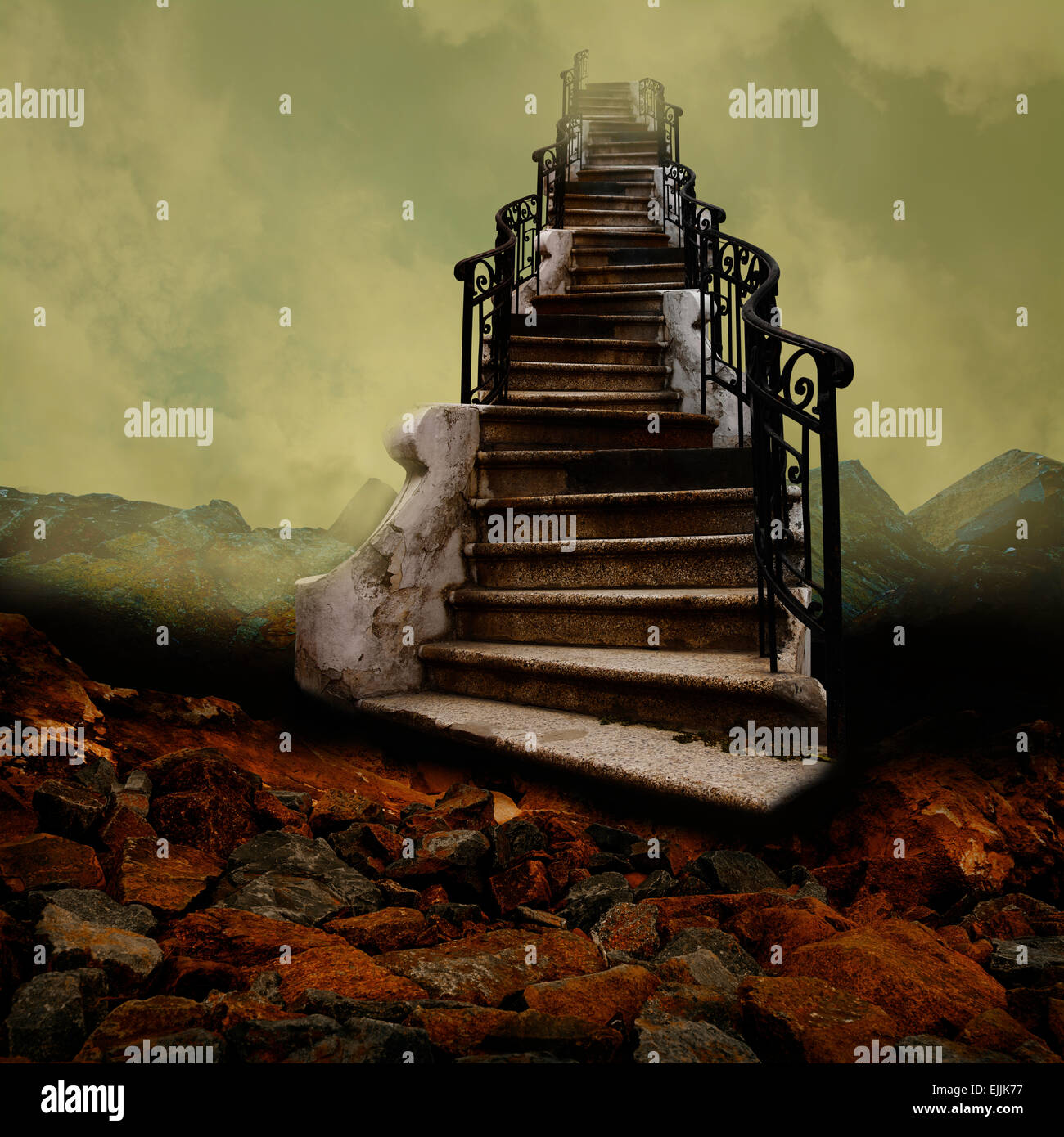Surreal stairway towards the sky, like an old painting Stock Photo - Alamy