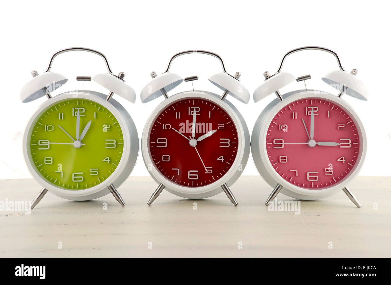Daylight Saving Time concept with three colorful retro style alarm ...