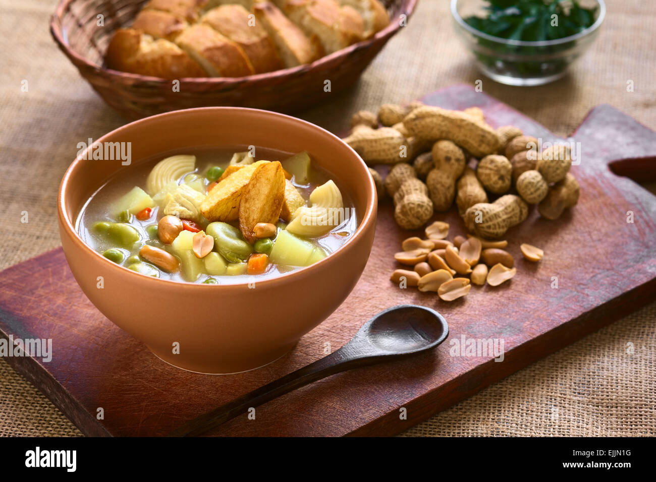 Bowl of traditional Bolivian Sopa de Mani (peanut soup) made of meat ...