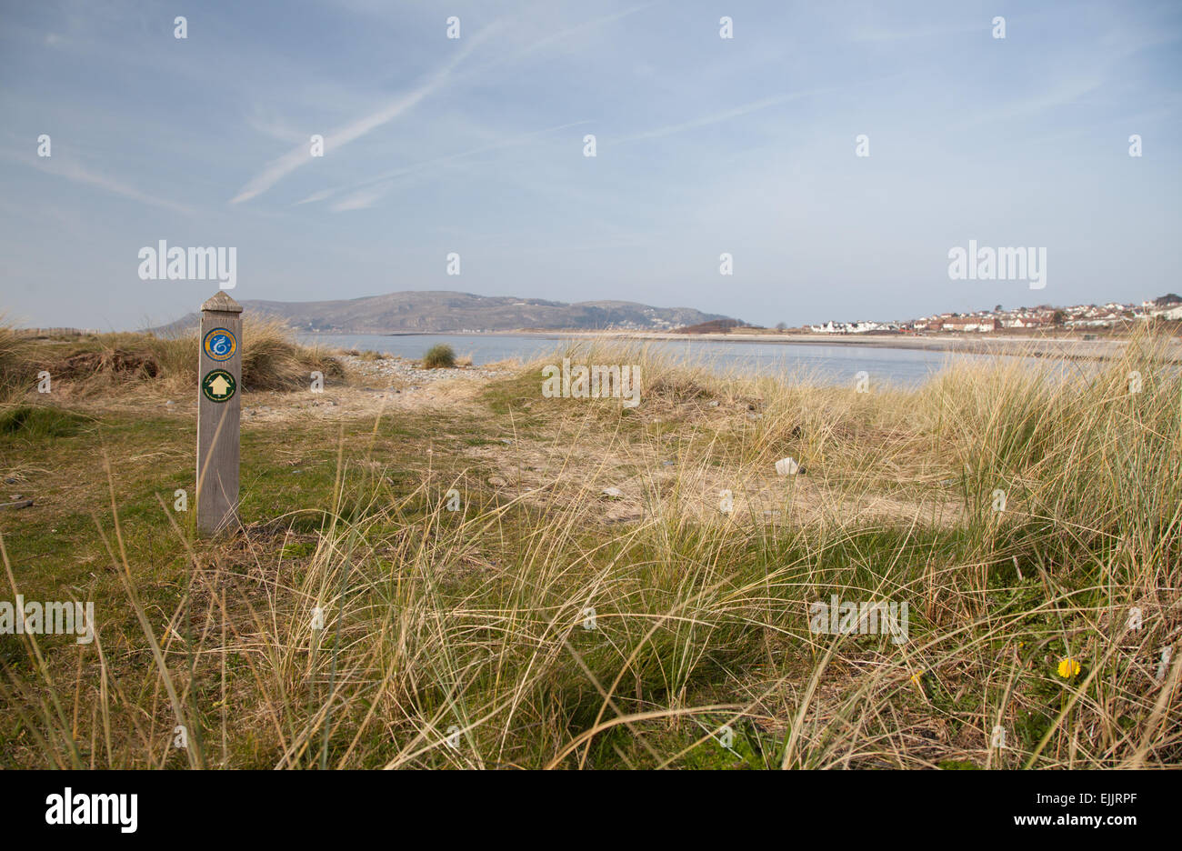 Wales Coastal Path waymarker / post on Conwy harbour beach overlooking ...
