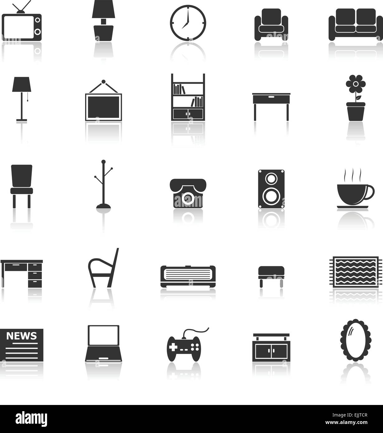 Living room icons with reflect on white background, stock vector Stock ...