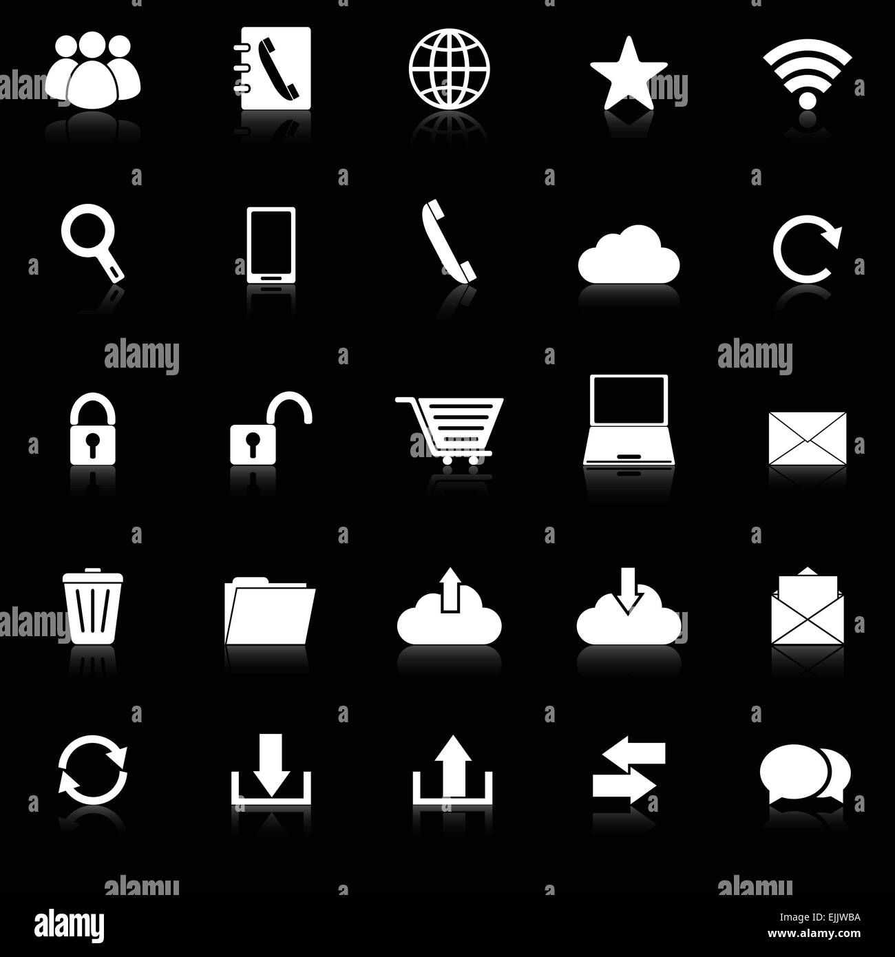 Communication icons with reflect on black background, stock vector ...