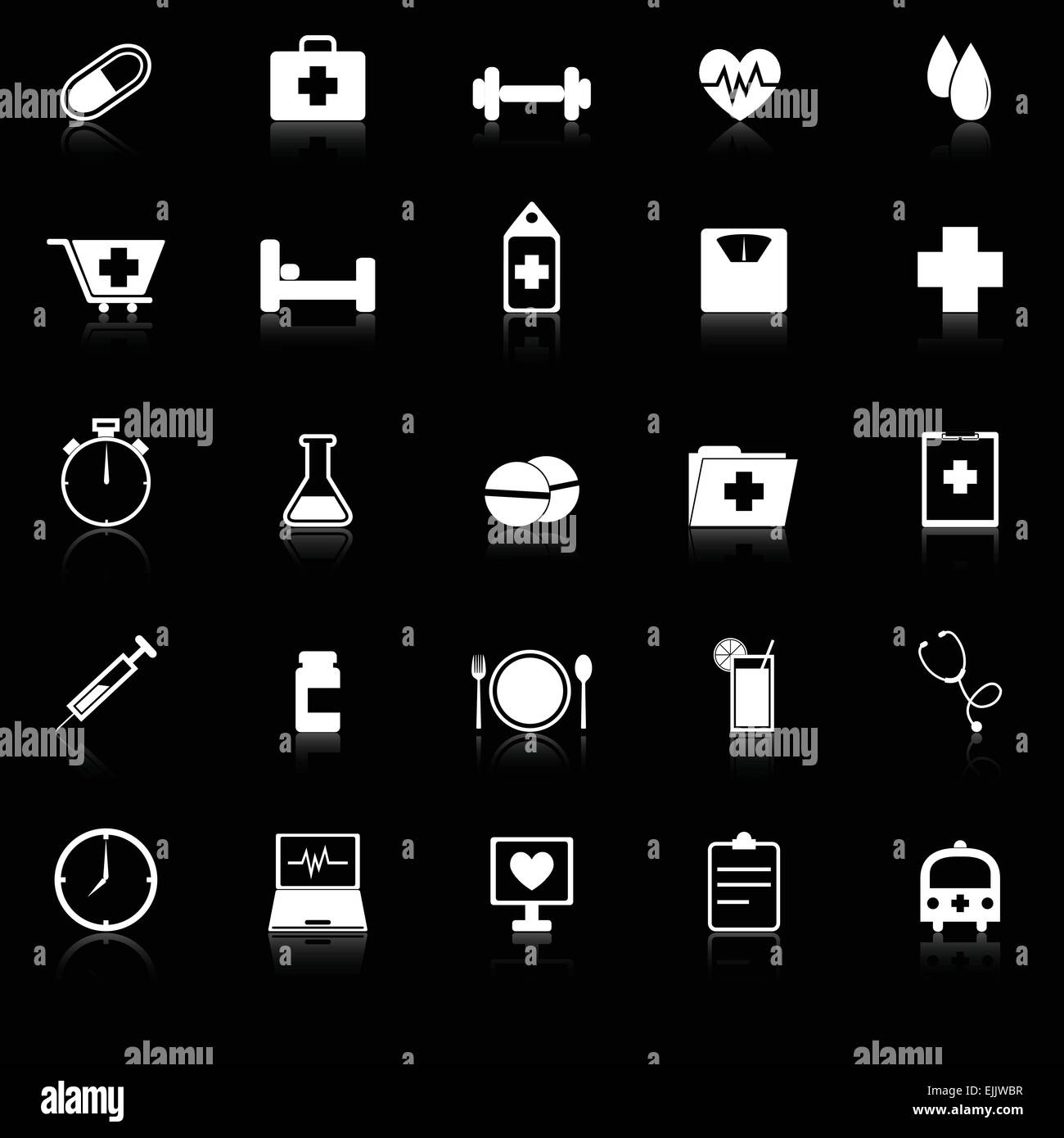Health icons with reflect on black background, stock vector Stock ...