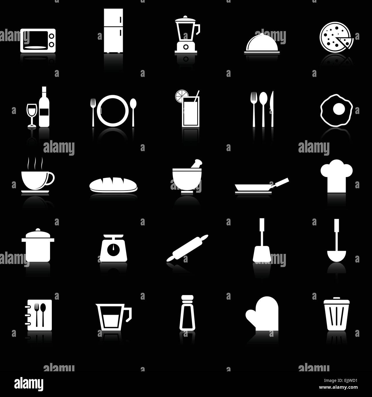 Kitchen icons with reflect on black background, stock vector Stock ...