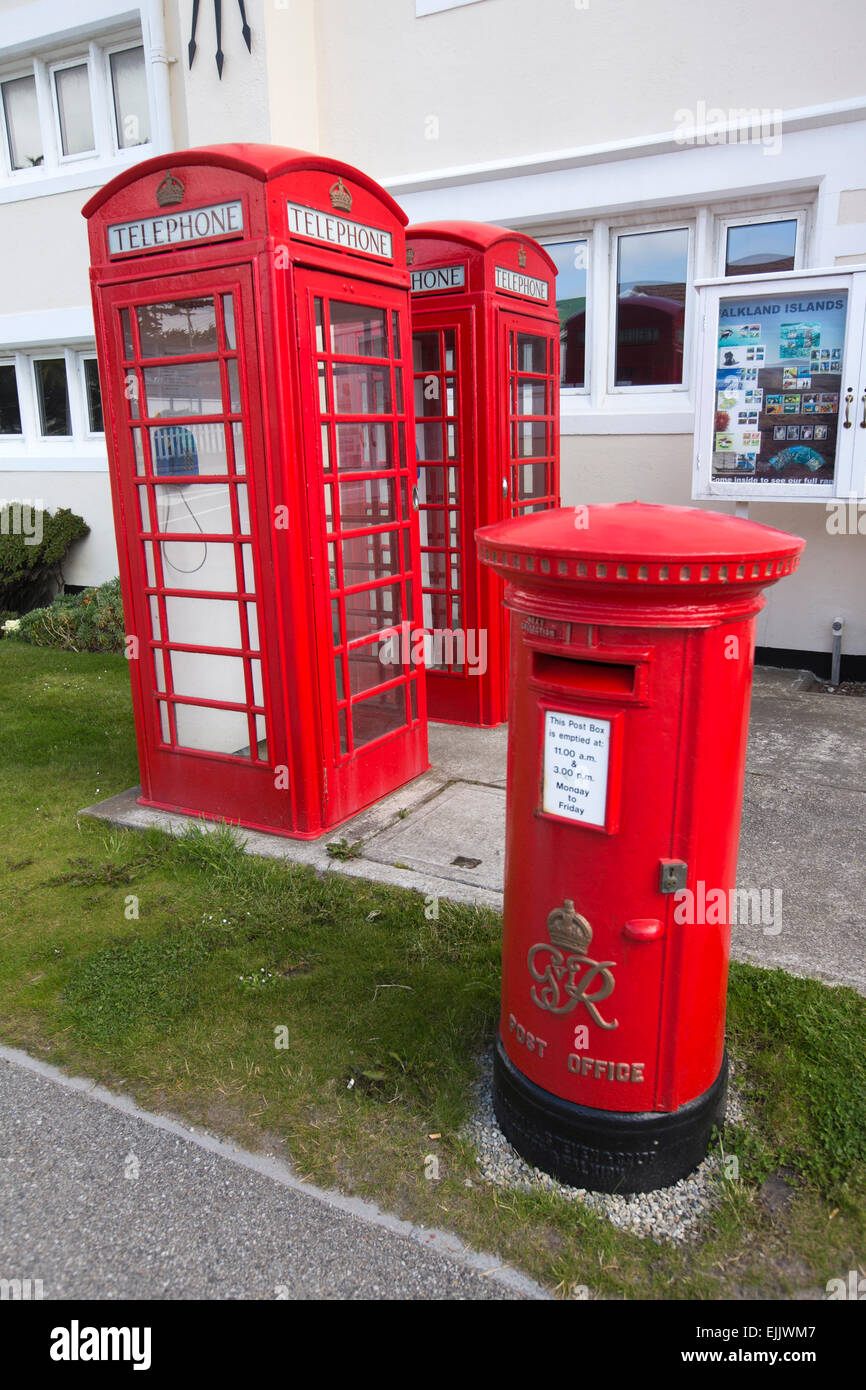 Falklands, Port Stanley, British phone boxes and postal pillar box ...