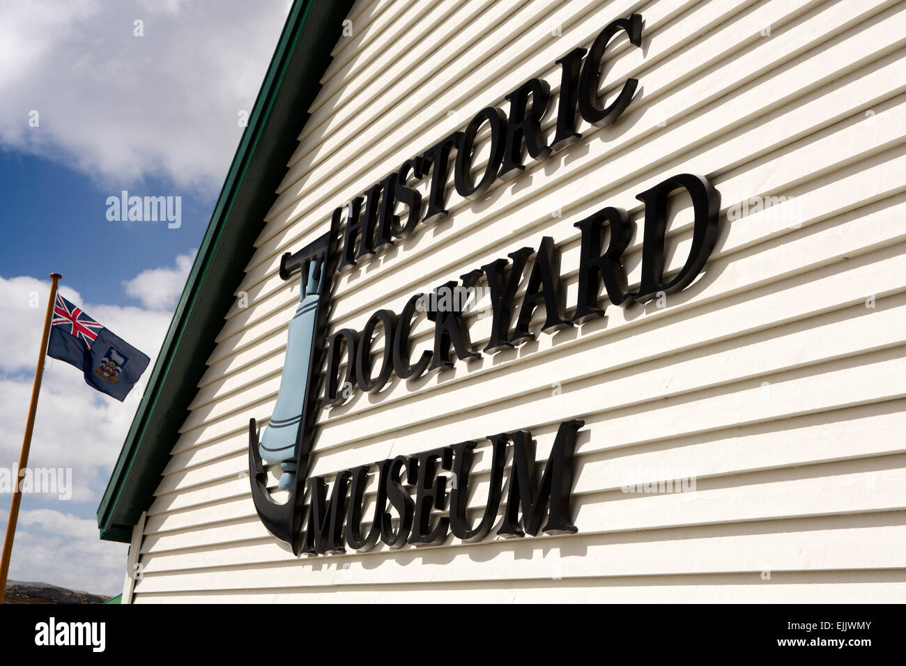 Falklands, Port Stanley, Historic Dockyard Museum sign on newly ...